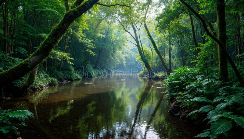 Tranquil Forest Stream Surrounded by Lush Greenery and Sunlight Stock ...