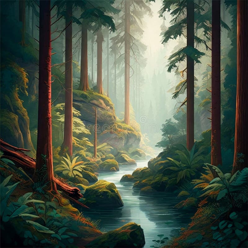 A Tranquil Forest Stream Surrounded by Lush Greenery, Tall Trees, and ...