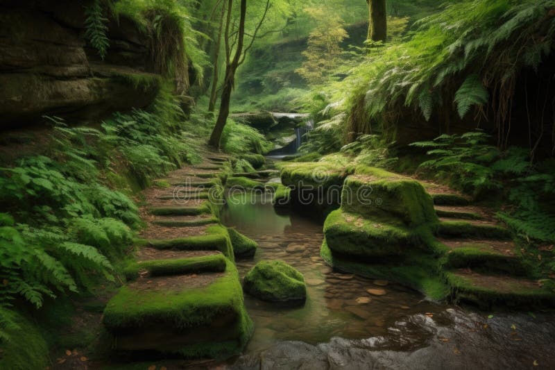 Tranquil Forest with Trail of Stepping Stones Leading To Hidden ...