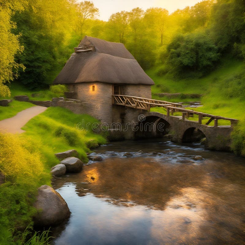 A Tranquil Forest with a Winding River Crossing the Bridge Along the ...