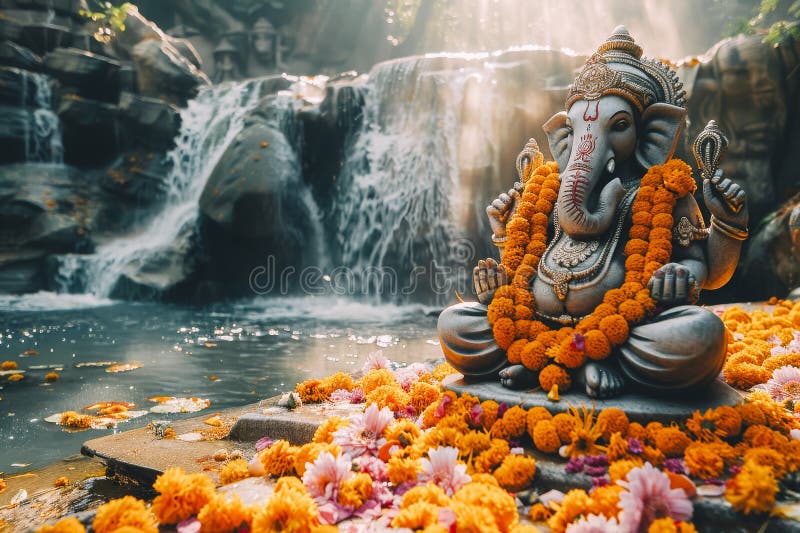 Tranquil Ganesh Statue with Waterfall and Flower Offerings in Serene ...
