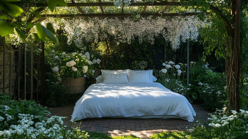 A Tranquil Garden Bed with Crisp White Sheets Under a Canopy of Stock ...