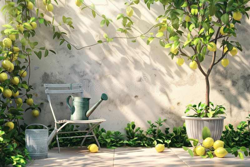 Tranquil Garden Corner with Lemon Tree and Watering Can in Soft ...