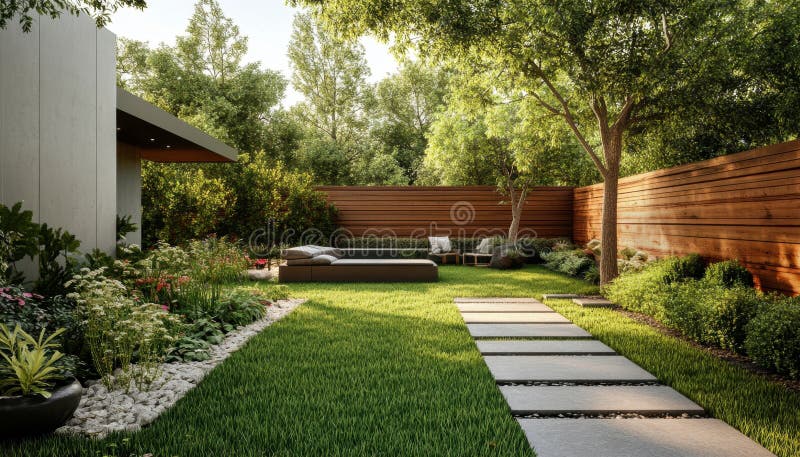 Tranquil Garden with Modern Seating and Pathway in a Lush Outdoor Space ...
