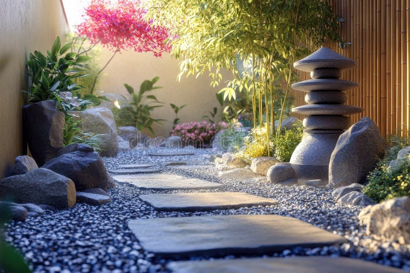 Tranquil Garden Path with Stones and Lanterns Surrounded by Vibrant ...
