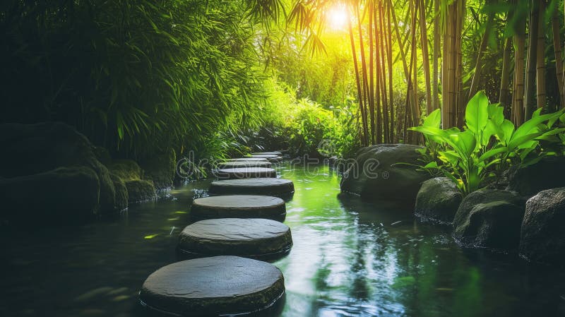 Tranquil Garden Pathway, Stepping Stones Over Water, Lush Greenery ...