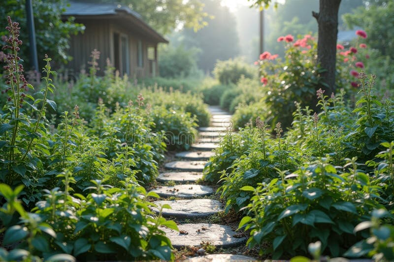 Tranquil Garden Pathway with Sunlit Greenery and Blooming Flowers in ...