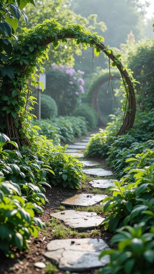 Tranquil Garden Pathway Under Vine-covered Arches in Lush Greenery ...