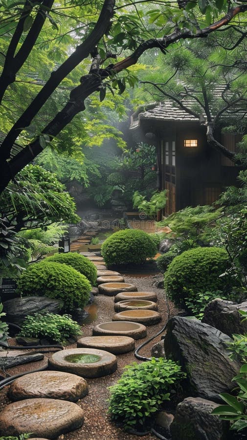 Tranquil Garden Pathways Lined with Earthy-Toned Stones and Greenery ...