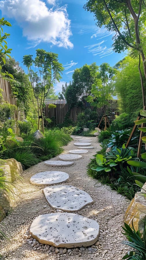 Tranquil Garden Pathways Lined with Earthy-Toned Stones and Greenery ...