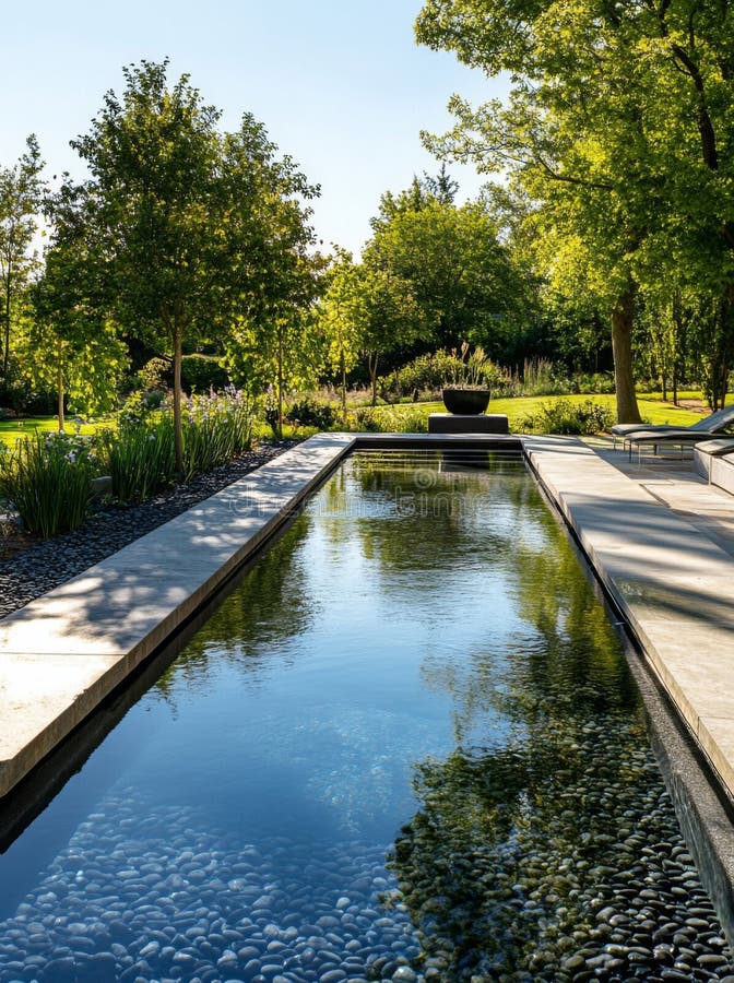 Tranquil Garden Reflection Pool Surrounded Lush Greenery Stone Pathway ...