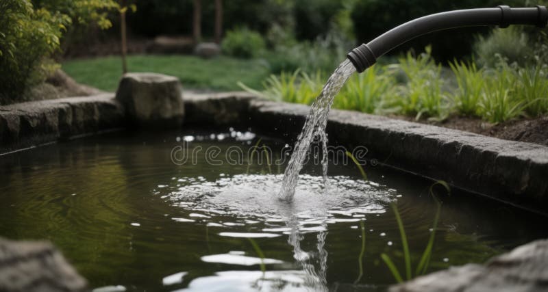 Tranquil Garden Scene with a Flowing Water Feature Stock Illustration ...