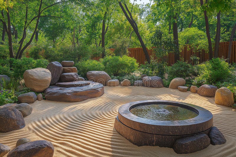 Tranquil Garden Setting Featuring a Stone Water Basin and Carefully ...