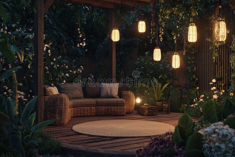 A Tranquil Garden Space with String Lights and Greenery Stock Image ...