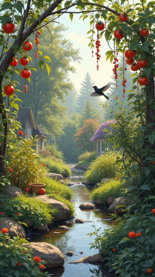 Tranquil Garden Stream with Archway, Lush Foliage, and Bird in Mid ...