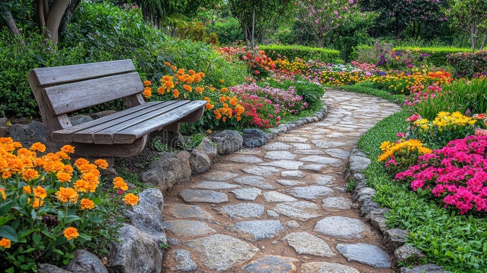 A Tranquil Garden Trail is Bordered by an Array of Colorful Blooms ...