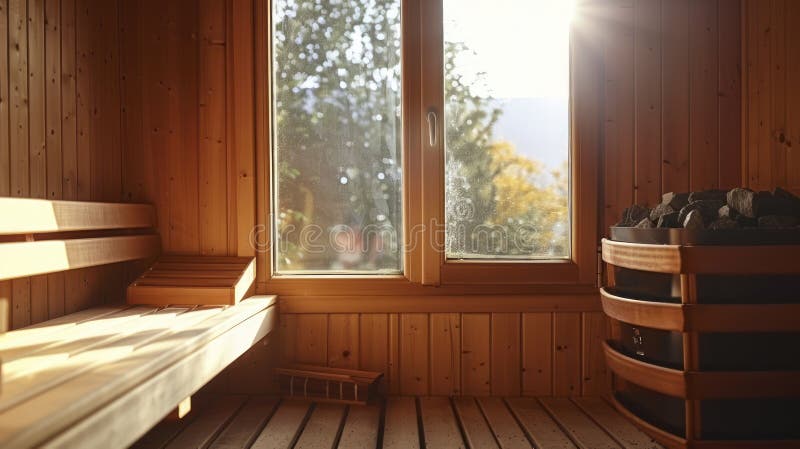 A Tranquil Glimpse Inside a Sauna Room Enhanced by Natural Light from a ...