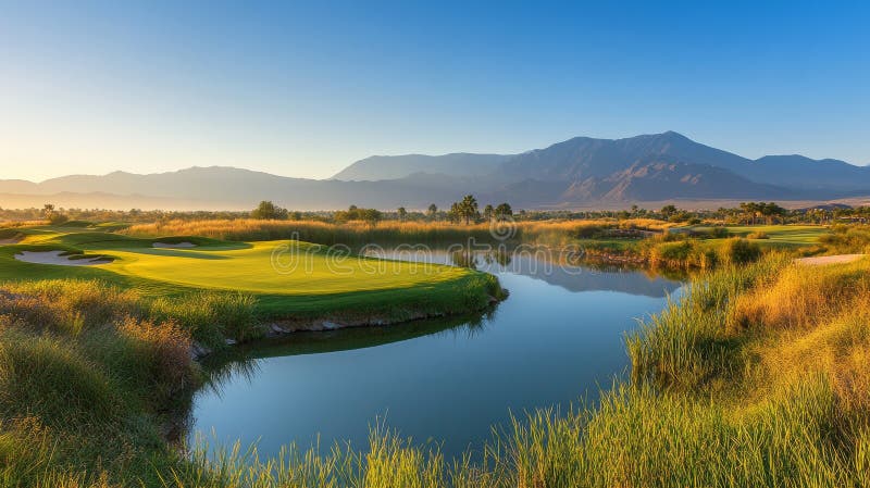 Tranquil Golf Course Scenery Featuring a Grand Mountain Vista Stock ...