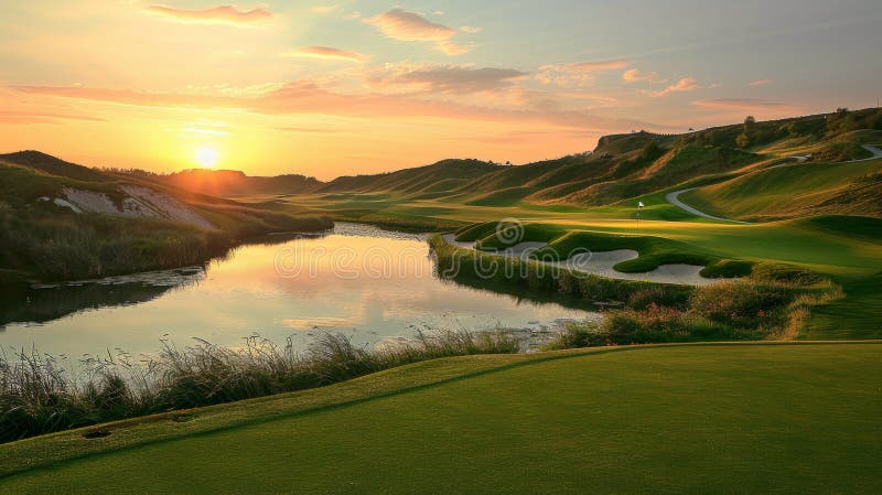 Tranquil Golf Course at Sunset with Rolling Hills, Water Features, and ...