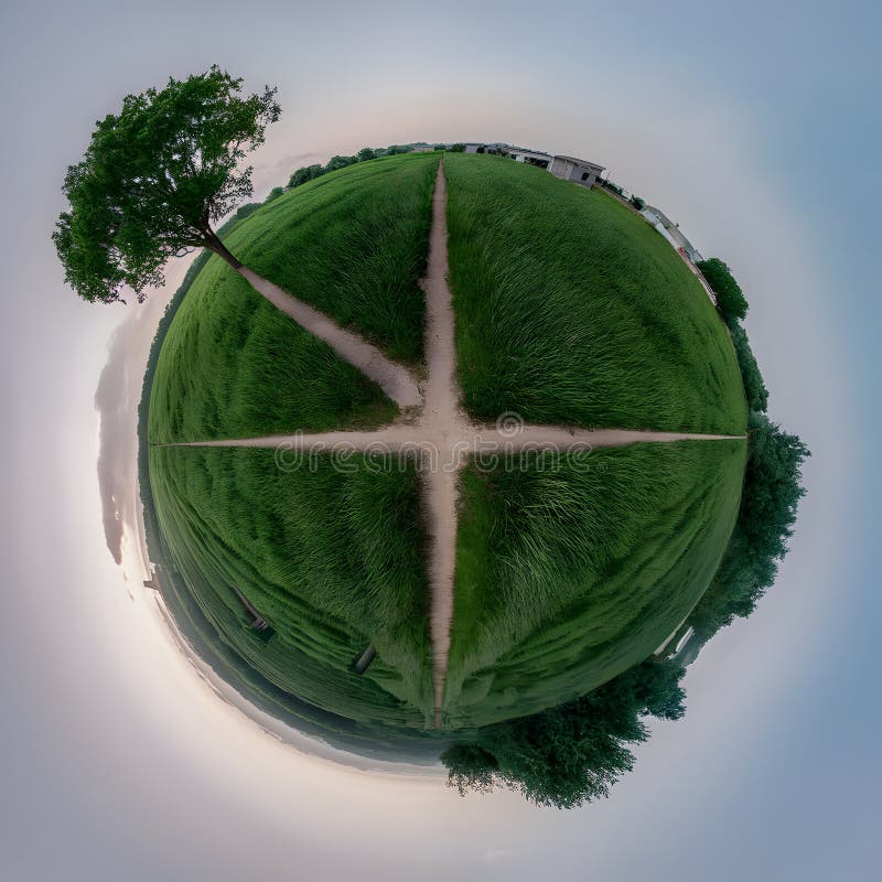 Tranquil Green Fields, Cross Pathway, Lone Tree, Structures, Vast Sky ...