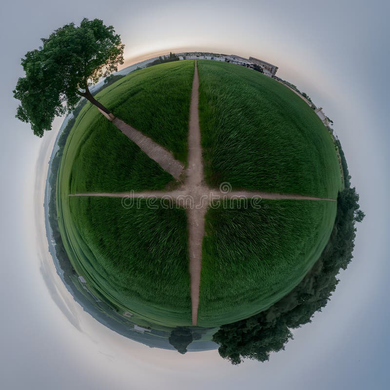 Tranquil Green Fields, Cross Pathway, Lone Tree, Structures, Vast Sky ...
