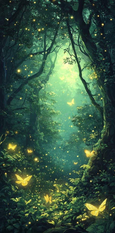 In a Tranquil Green Forest, Soft Light and Floating Particles Create a ...