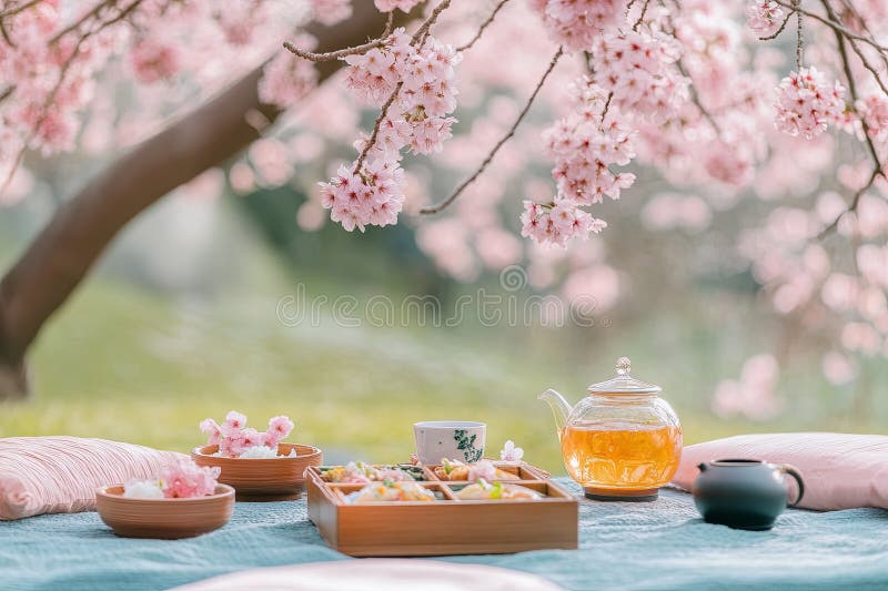 A Tranquil Hanami Picnic Under Blooming Cherry Blossoms with Bento ...