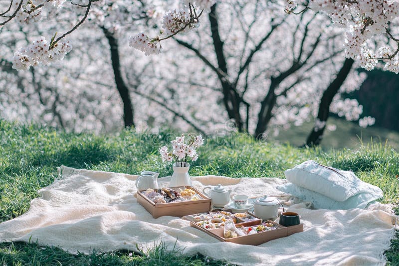 A Tranquil Hanami Picnic Under Blooming Cherry Blossoms with Bento ...