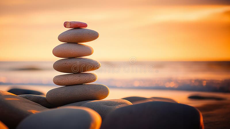 Tranquil Harmony Serene Sunrise with a Stack of Pebbles on the Beach ...