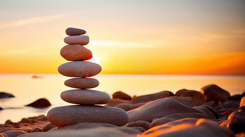 Tranquil Harmony Serene Sunrise with a Stack of Pebbles on the Beach ...