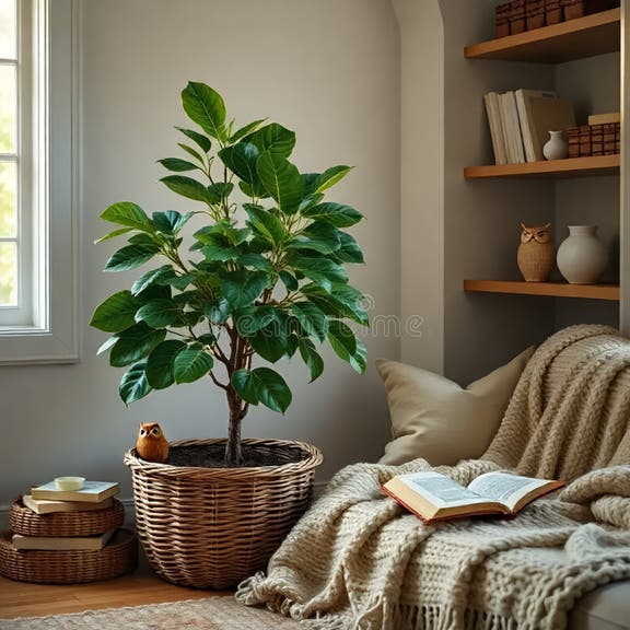 Tranquil Home Corner with Fruit Tree and Book Stock Illustration - Illustration of light ...