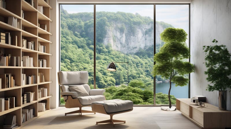 Tranquil Home Office or Library with Custom Built-in Bookshelves and Comfortable Seating AI ...