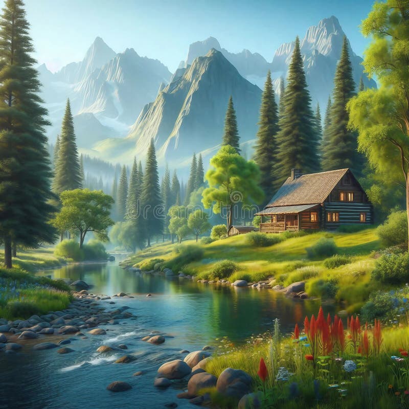 A Tranquil Image of a Cabin Retreat by a Still River, Encircled by Tall ...