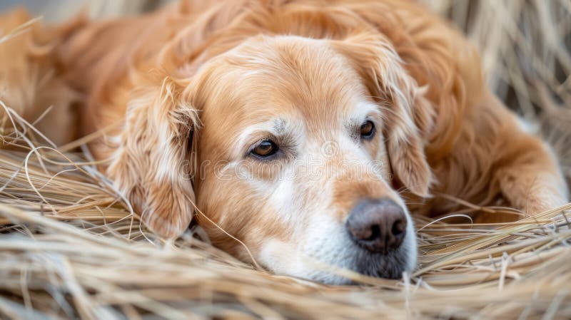 Golden Retriever Resting on Straw Bed a Peaceful Close Up of an Elderly ...