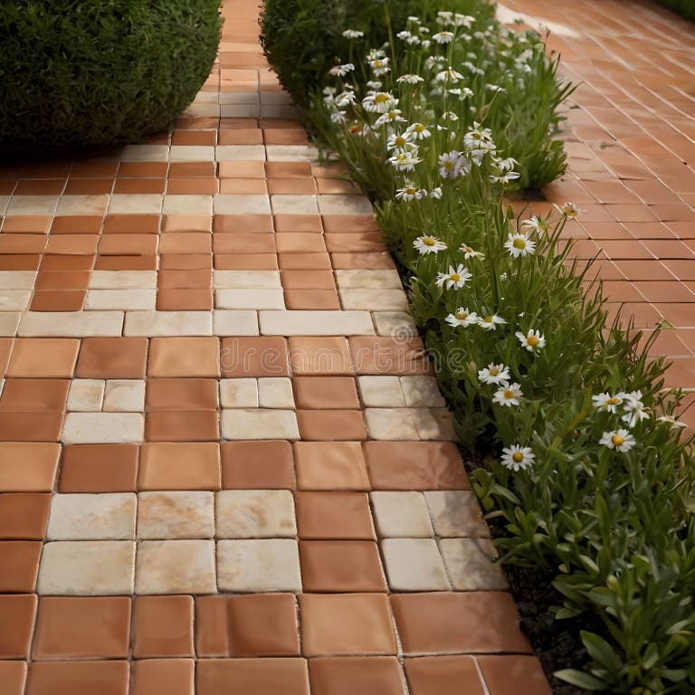 Decorative Stone Tile Pathway with Grass and Brick Edging Stock ...