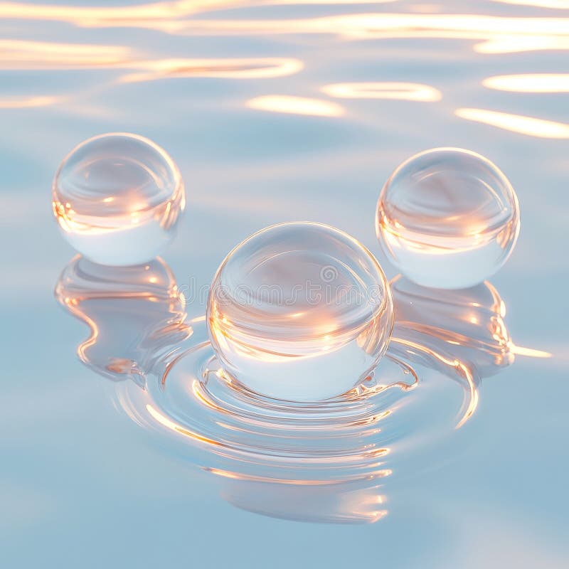A Tranquil Image of Glass-like Spheres Floating on Water Reflecting ...