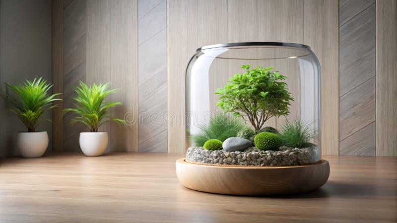 Tranquil Indoor Garden Ecosystem in a Glass Enclosure on a Wooden ...