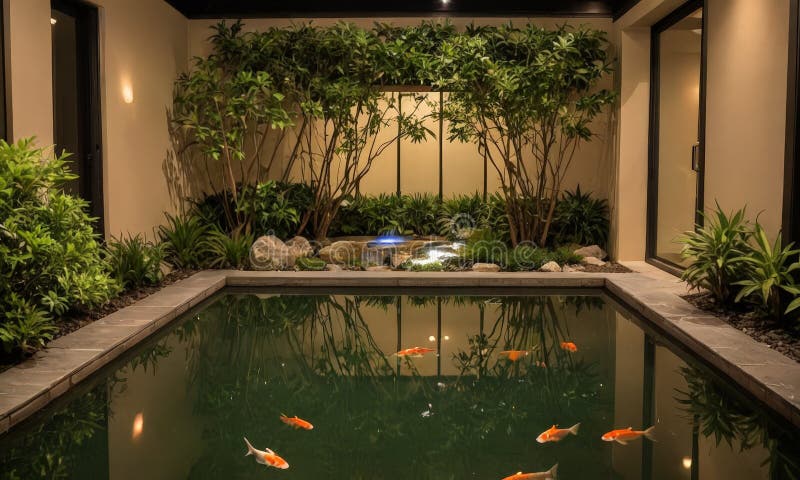 Tranquil Indoor Garden Features Rectangular Pond with Goldfish ...