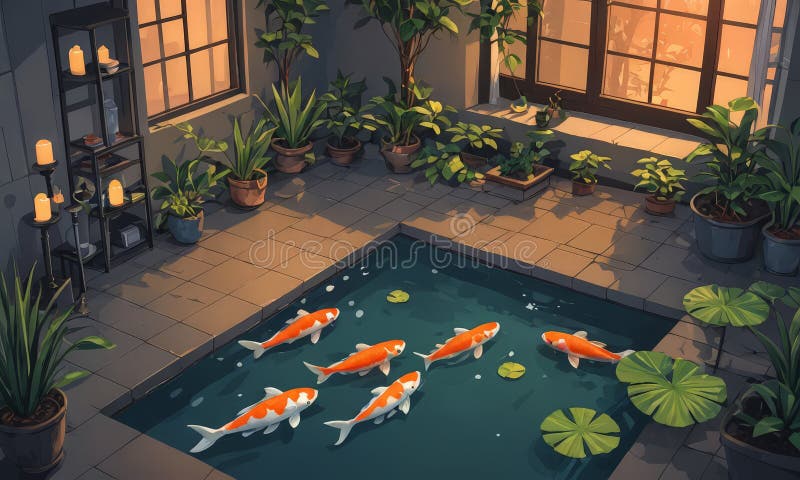 Tranquil Indoor Garden Scene Features Rectangular Pond with Six Koi ...