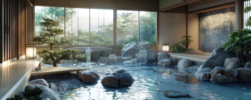 Tranquil Indoor Japanese Hot Spring with Natural Decor. Stock Photo ...