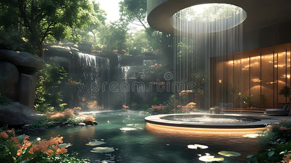 Tranquil Indoor Spa Waterfall Oasis Stock Illustration - Illustration ...