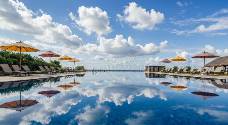 Tranquil Infinity Pool Reflecting Blue Sky and Clouds Stock ...