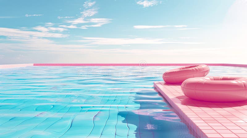 A Tranquil Infinity Pool Under a Soft Blue Sky, Edged by a Pink Tiled ...