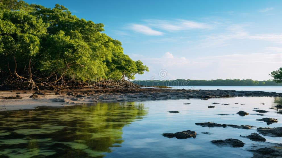 Tranquil Inlet Framed by Mangrove Trees Stock Illustration ...
