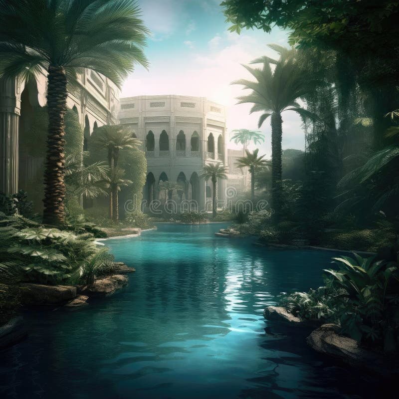 A Tranquil Islamic Oasis, Featuring a Cool-blue Lagoon Surrounded by ...
