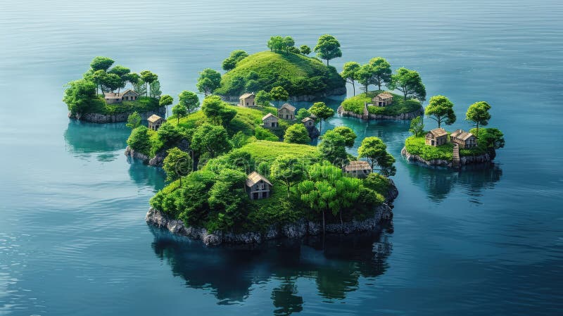 Tranquil Island Cluster with Rustic Cottages Amidst Lush Greenery and ...