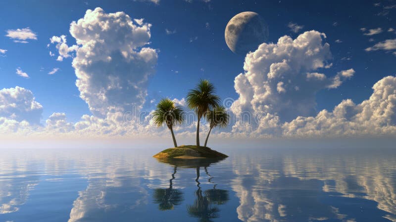 Tranquil Island Oasis at Night with Moonlit Sky and Reflective Ocean ...