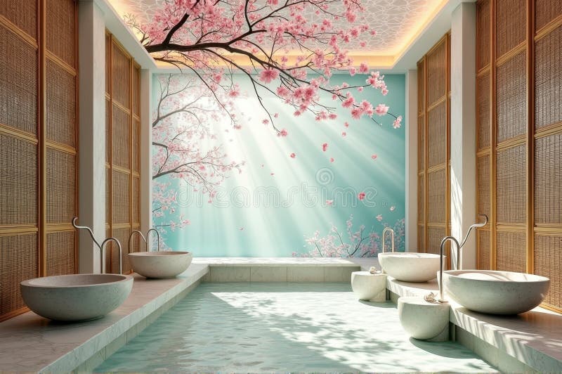 Tranquil Japanese-inspired Spa with Cherry Blossoms and Stone Baths Stock Image - Image of ...