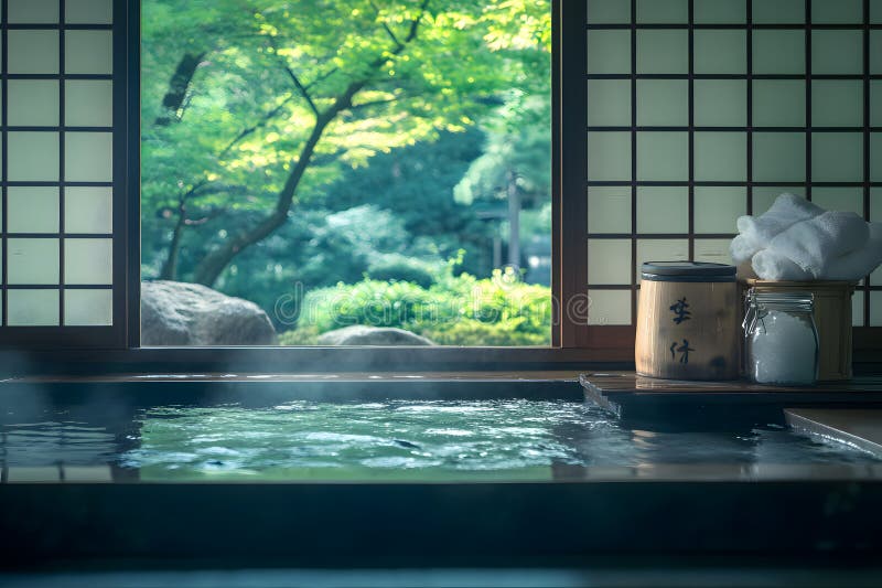 Tranquil Japanese Onsen with Garden View and Traditional Decor Stock ...