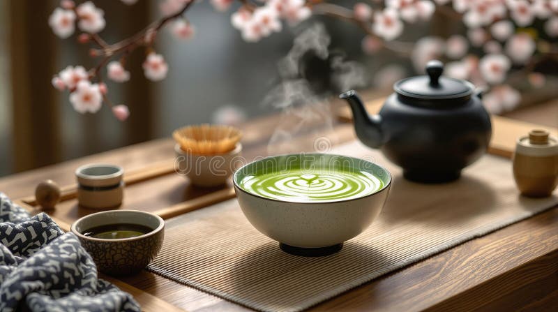 Tranquil Japanese Tea Ceremony with Matcha and Cherry Blossoms Stock ...